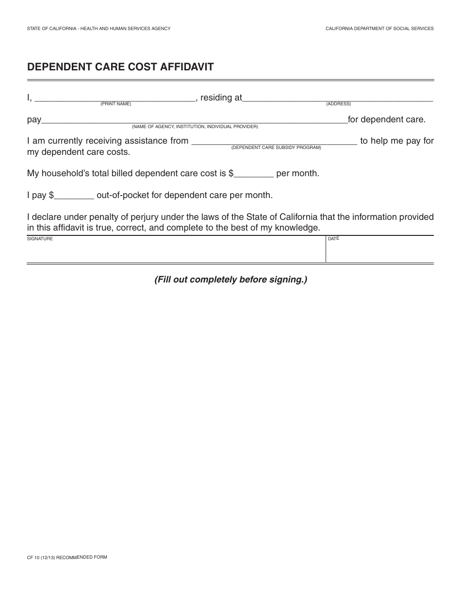 Form CF10 - Fill Out, Sign Online and Download Fillable PDF, California ...