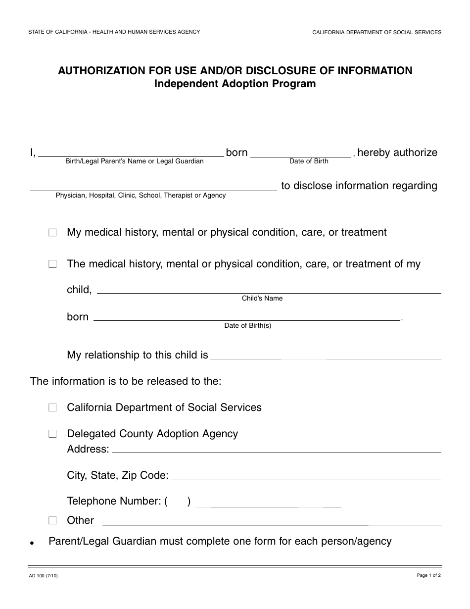 Form AD100 - Fill Out, Sign Online and Download Fillable PDF ...