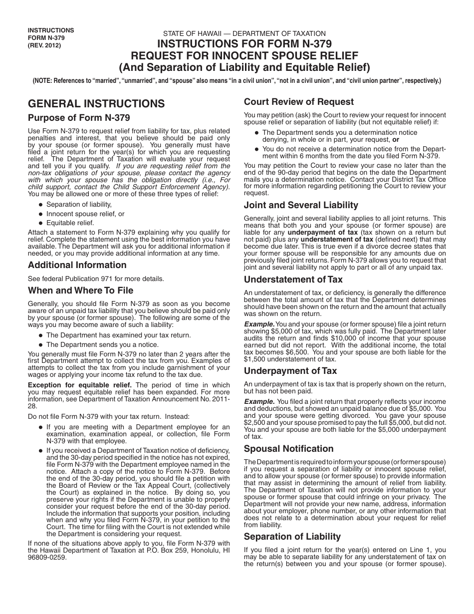 Download Instructions for Form N-379 Request for Innocent Spouse Relief ...