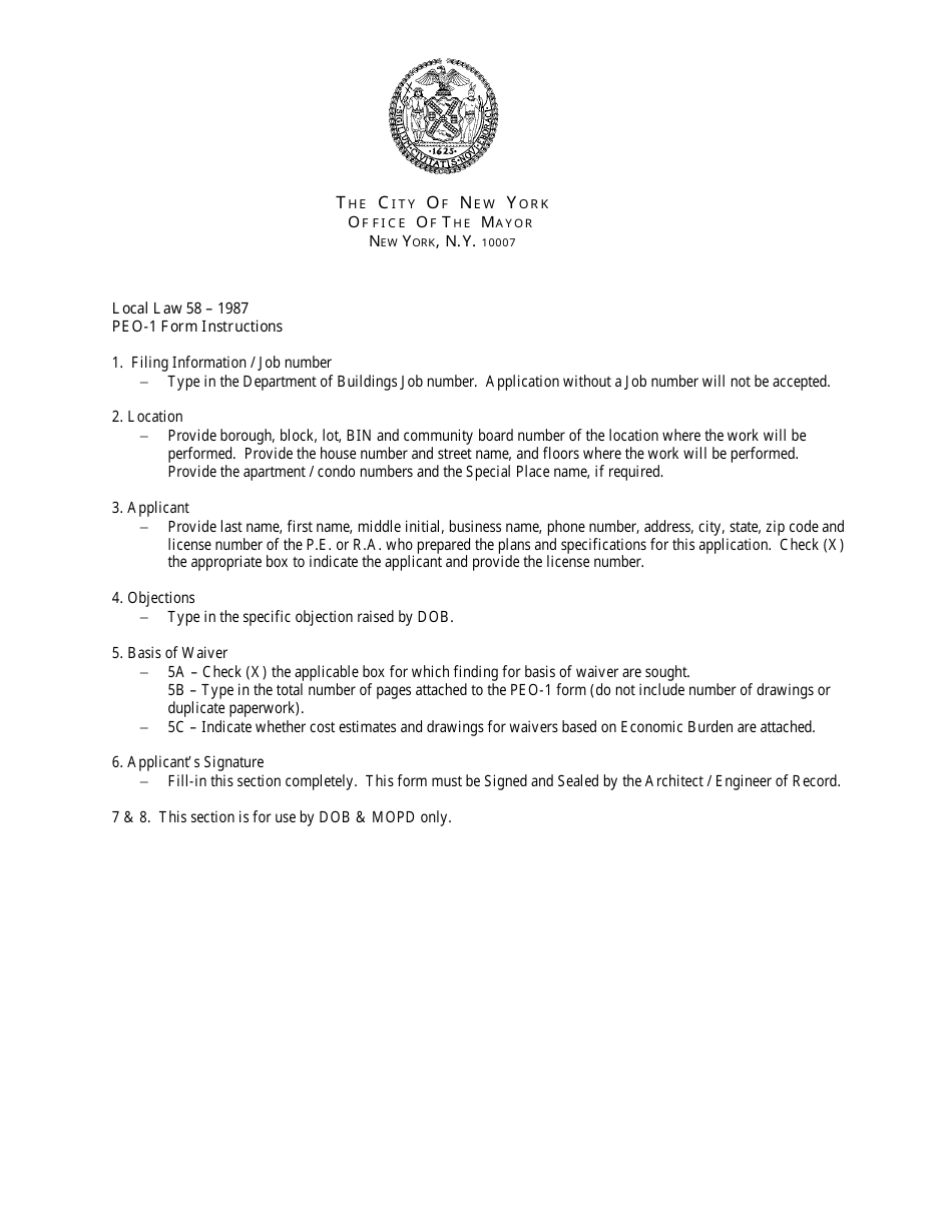 Download Instructions for Form PEO1 Local Law 58 of 1987 Accessibility ...