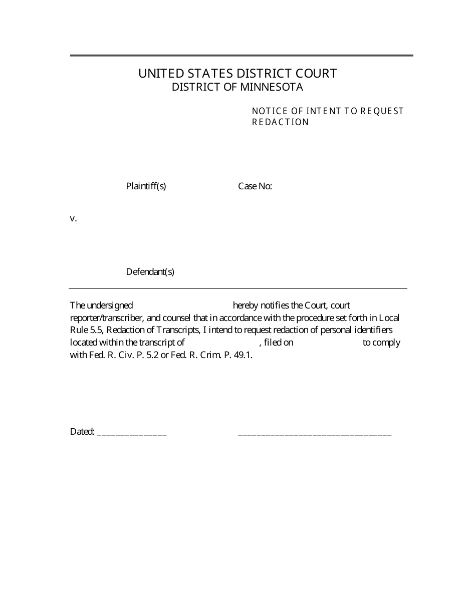 Minnesota Notice of Intent to Request Redaction Download Fillable PDF ...