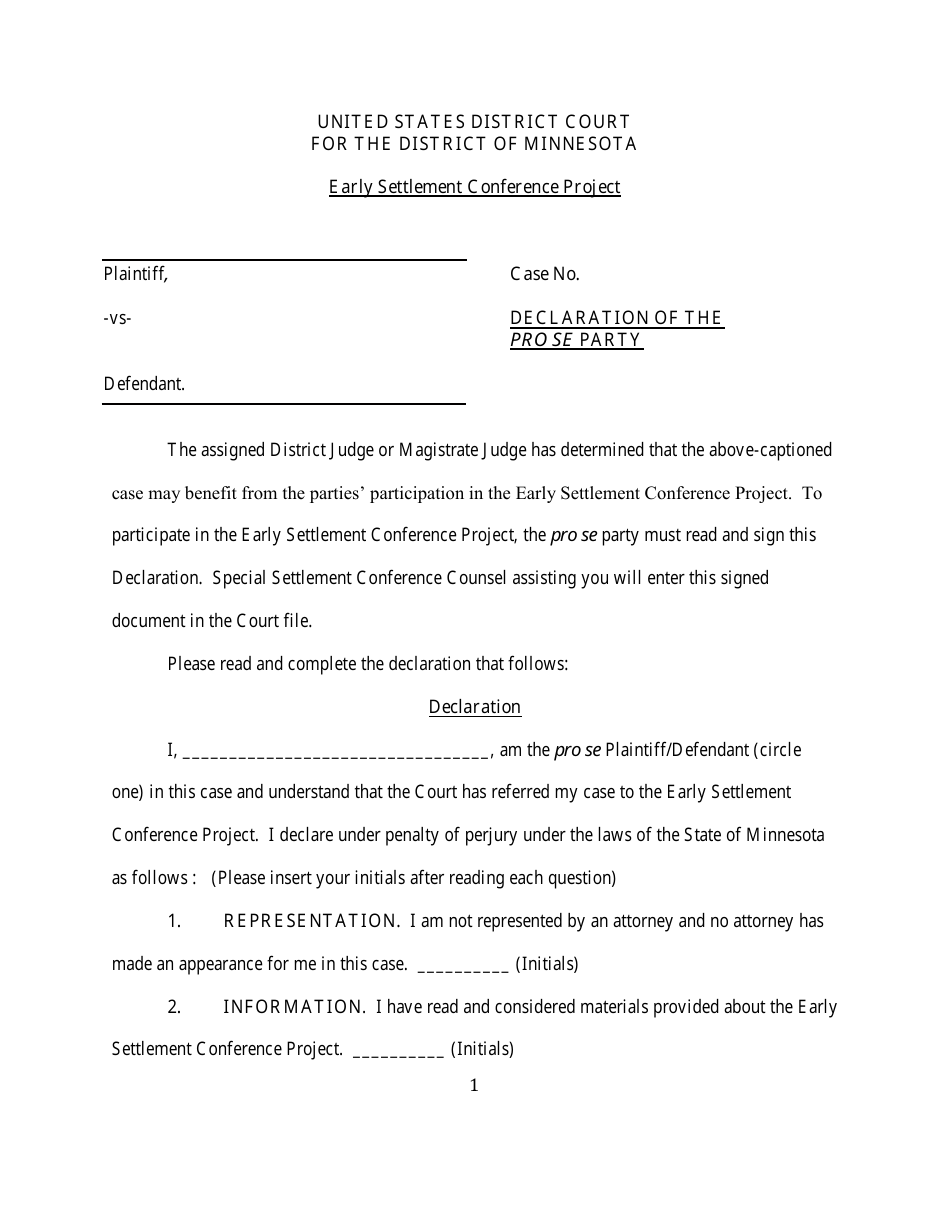 Minnesota Declaration of the Pro Se Party - Fill Out, Sign Online and ...