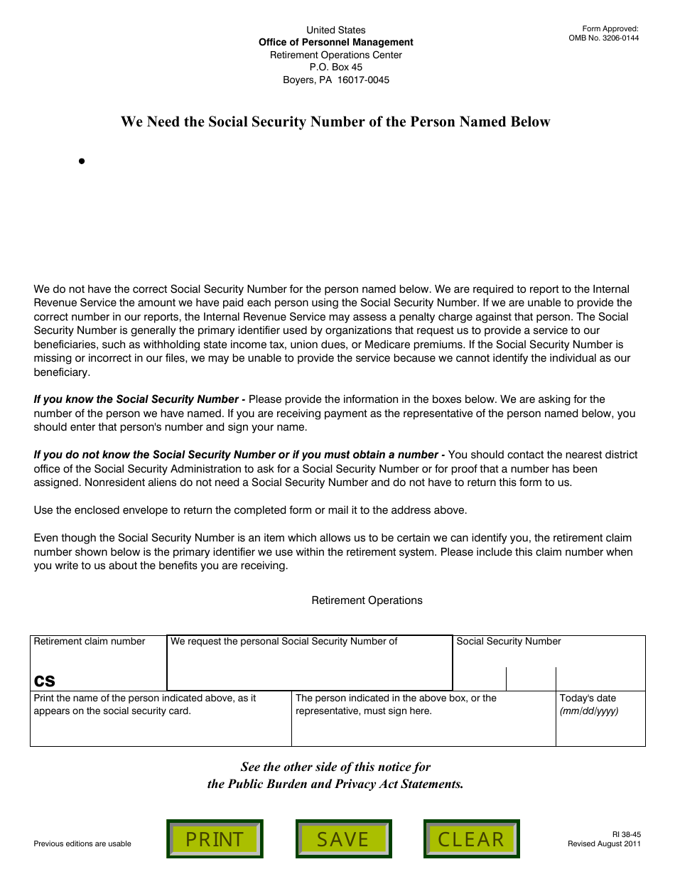 OPM Form RI38-45 - Fill Out, Sign Online and Download Fillable PDF ...