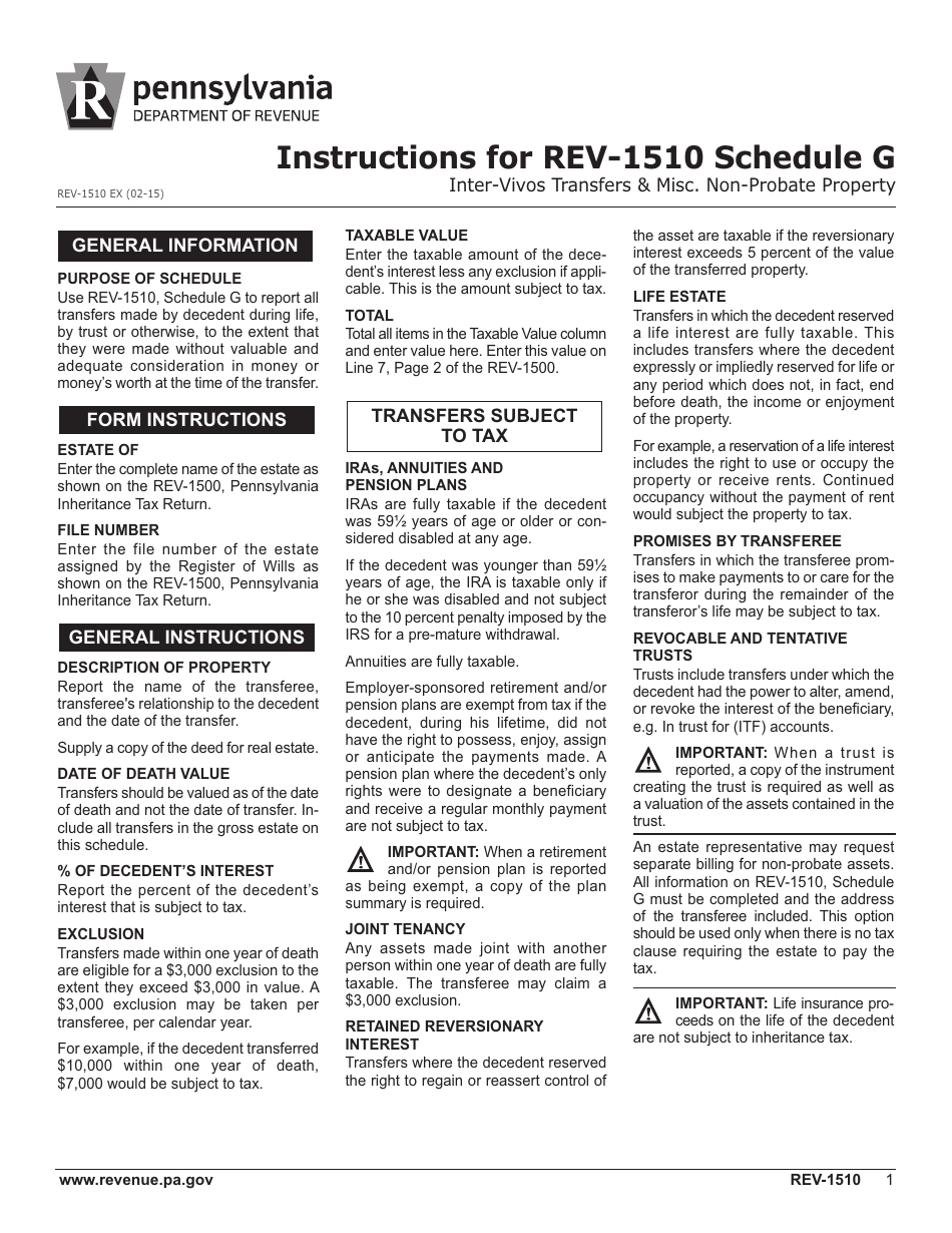 Download Instructions for Form REV-1510 Schedule G Inter-Vivos ...