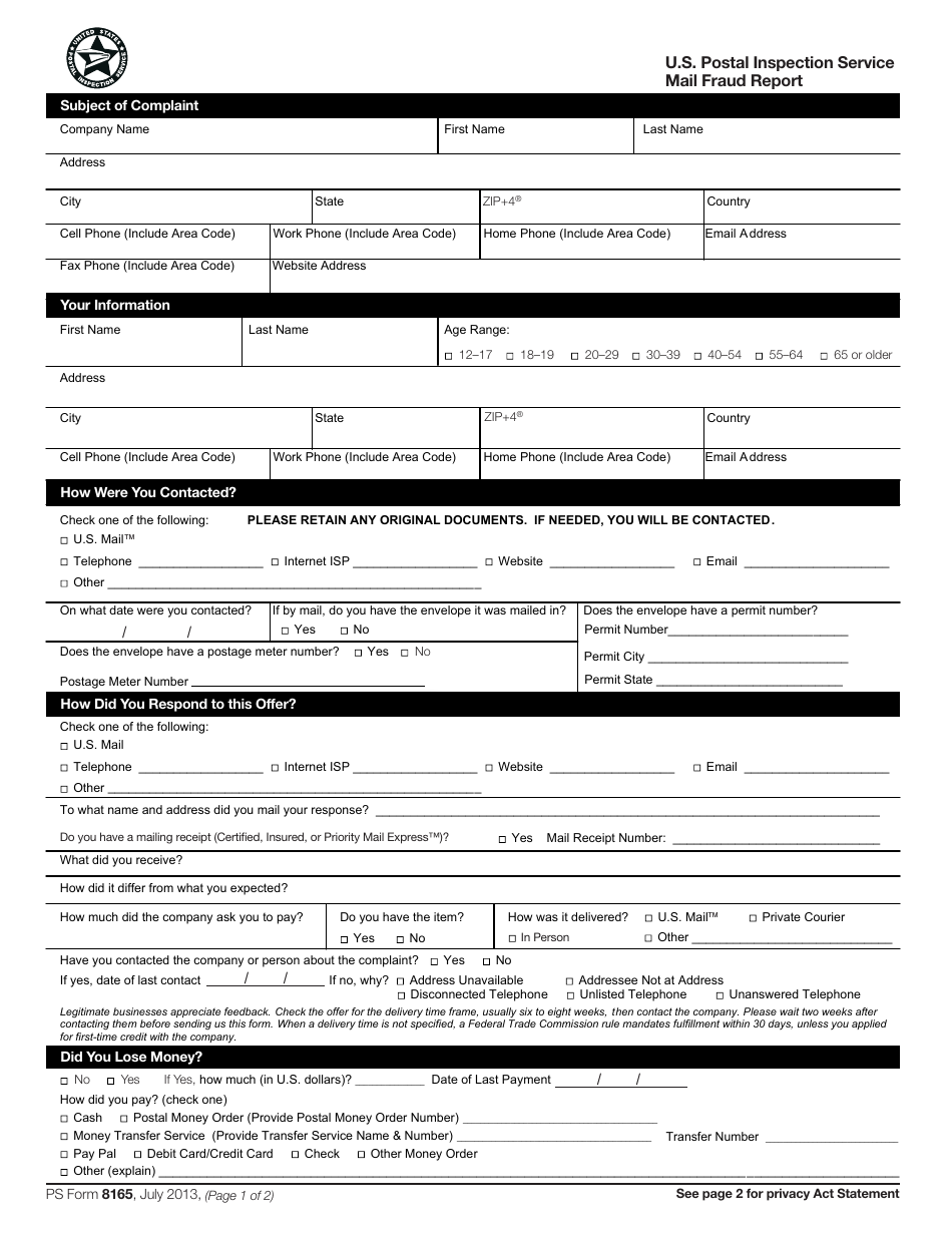 PS Form 8165 - Fill Out, Sign Online and Download Printable PDF | Templateroller