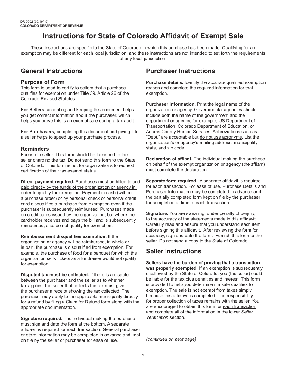 Form DR5002 - Fill Out, Sign Online and Download Fillable PDF, Colorado ...