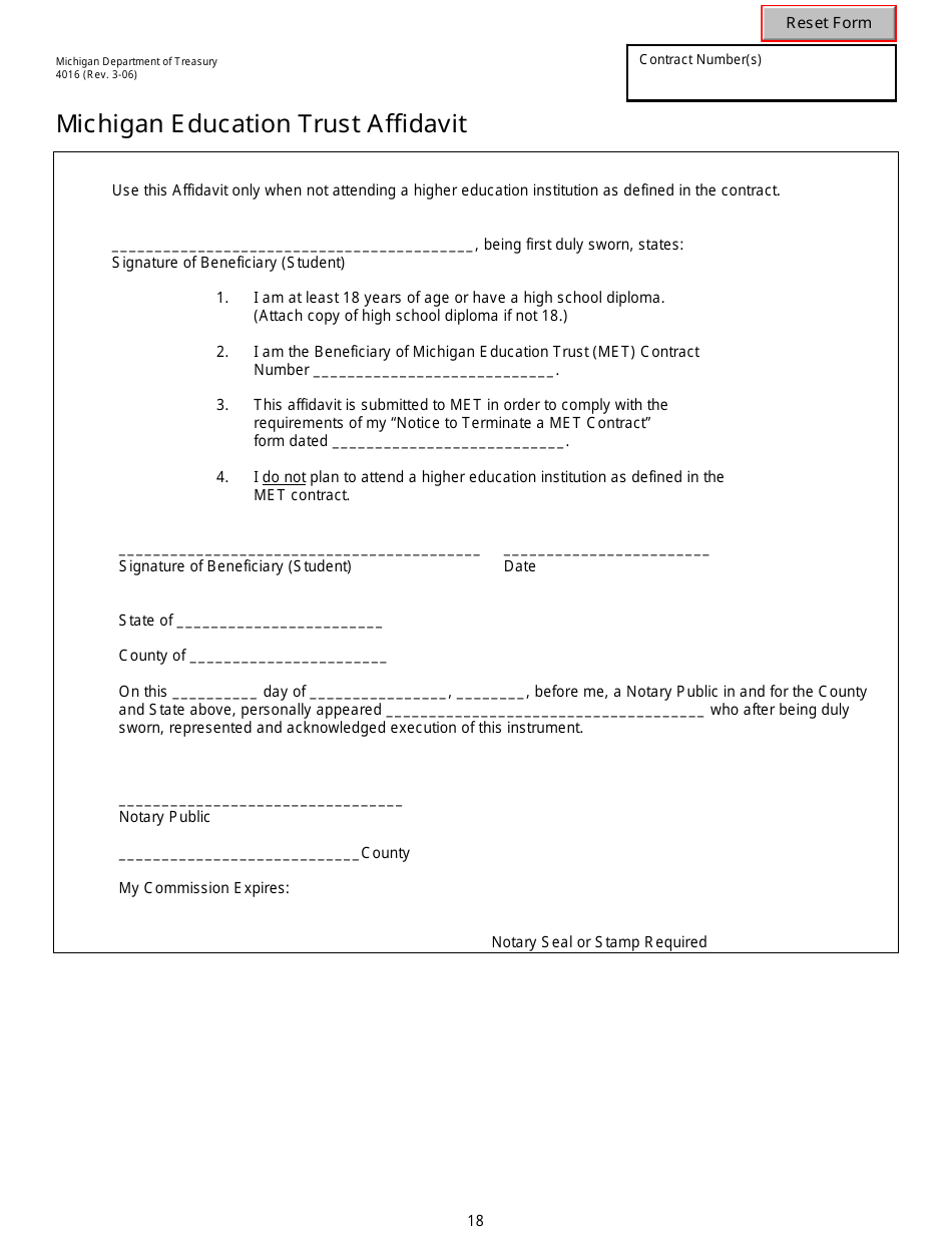 Form 4016 Download Fillable PDF or Fill Online Michigan Education Trust ...
