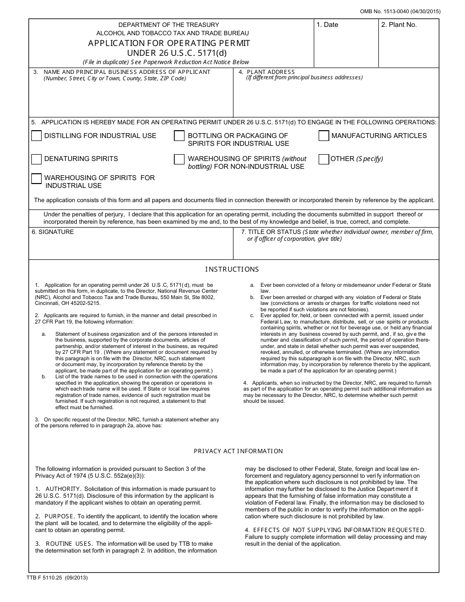 TTB Form 5110.25 - Fill Out, Sign Online and Download Fillable PDF ...