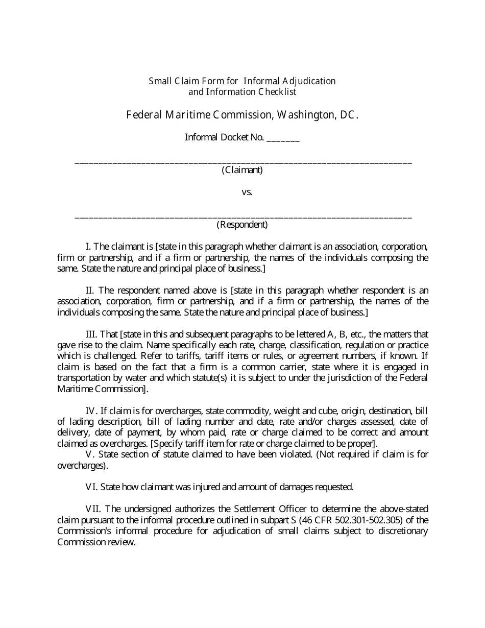 Small Claim Form for Informal Adjudication and Information Checklist ...