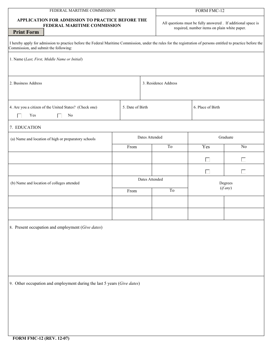 Form FMC-12 - Fill Out, Sign Online and Download Fillable PDF ...