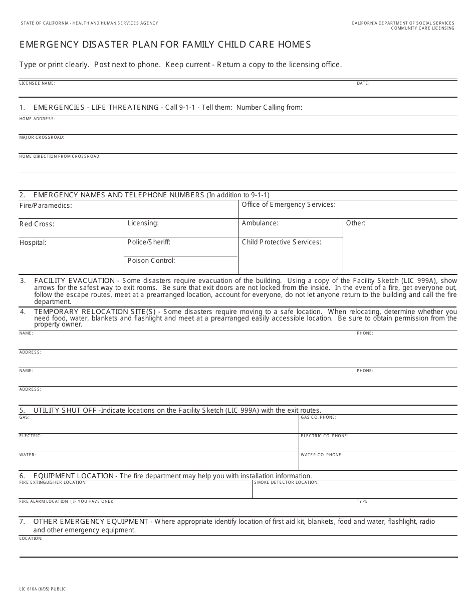 Form LIC610A Download Fillable PDF Or Fill Online Emergency Disaster Plan For Family Child Care 