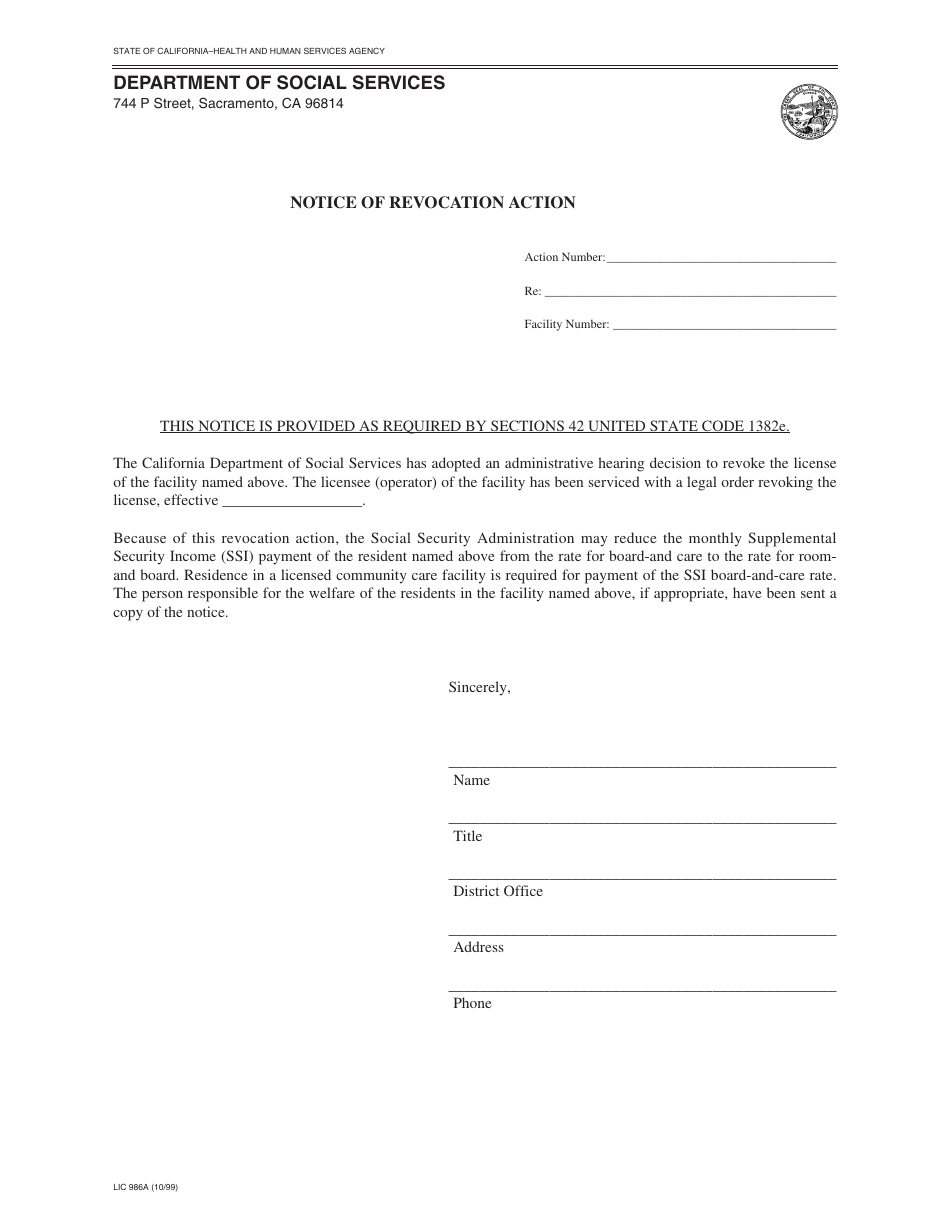 Form LIC986A - Fill Out, Sign Online and Download Fillable PDF ...
