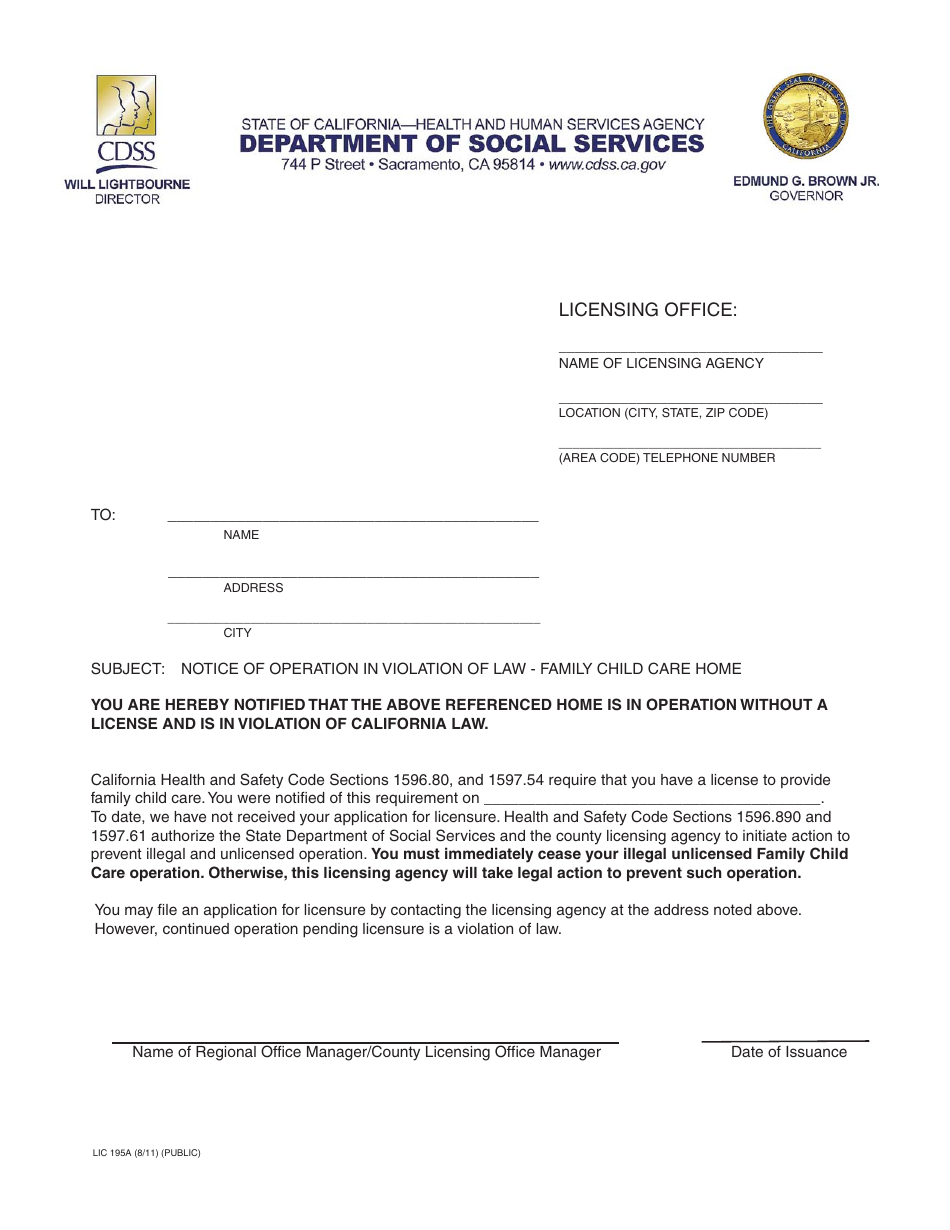 Form LIC195A - Fill Out, Sign Online and Download Fillable PDF ...