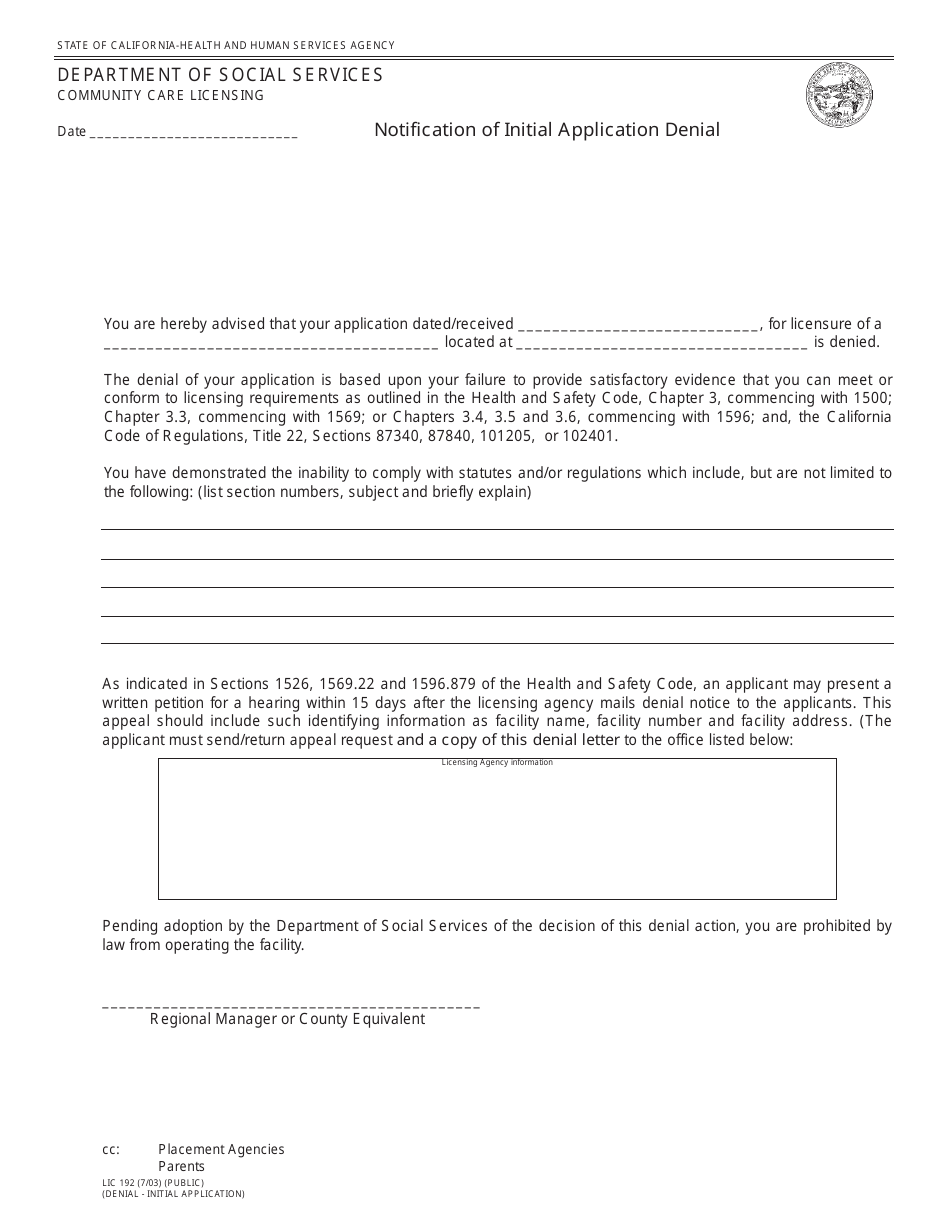 Form LIC192 - Fill Out, Sign Online and Download Fillable PDF ...