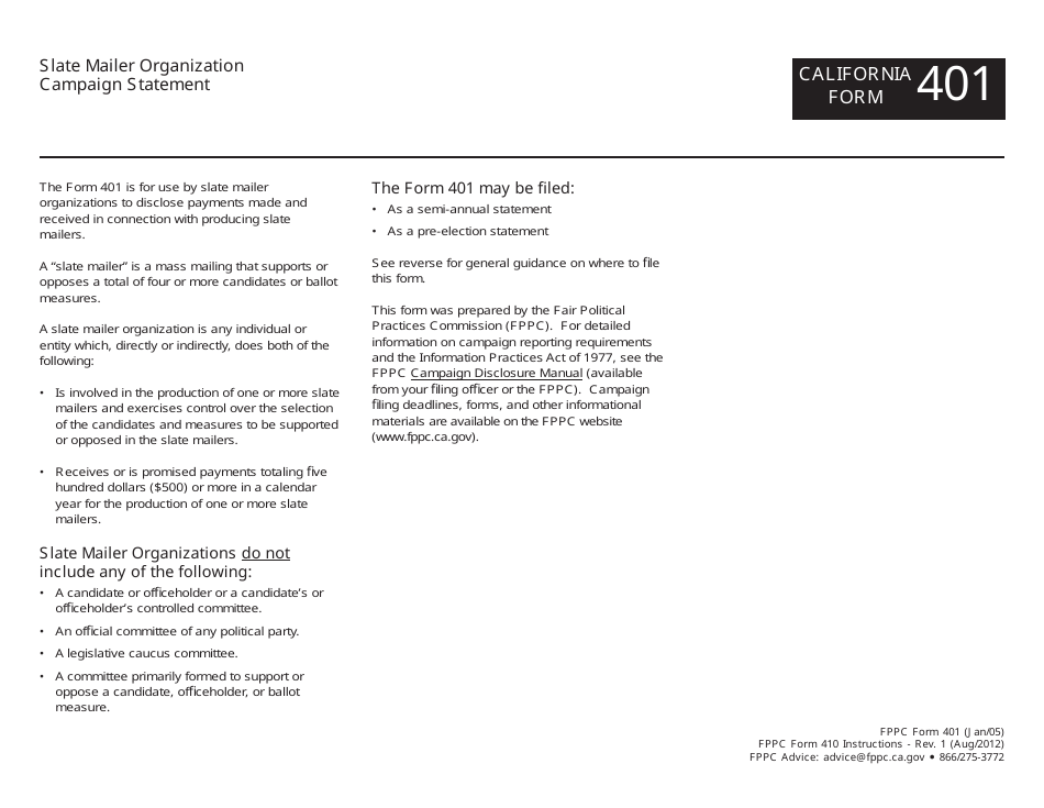 FPPC Form 401 - Fill Out, Sign Online and Download Fillable PDF ...