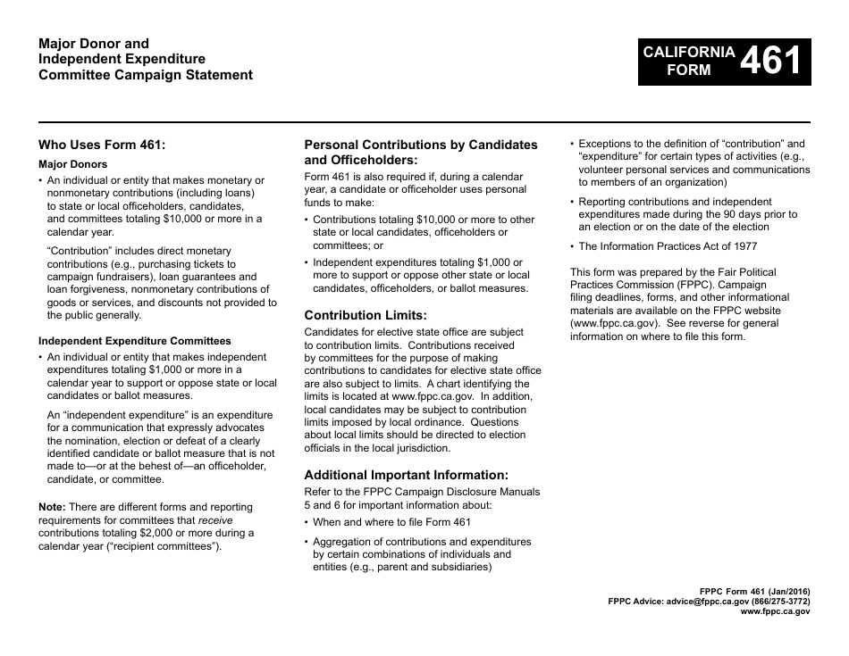 FPPC Form 461 - Fill Out, Sign Online and Download Fillable PDF ...