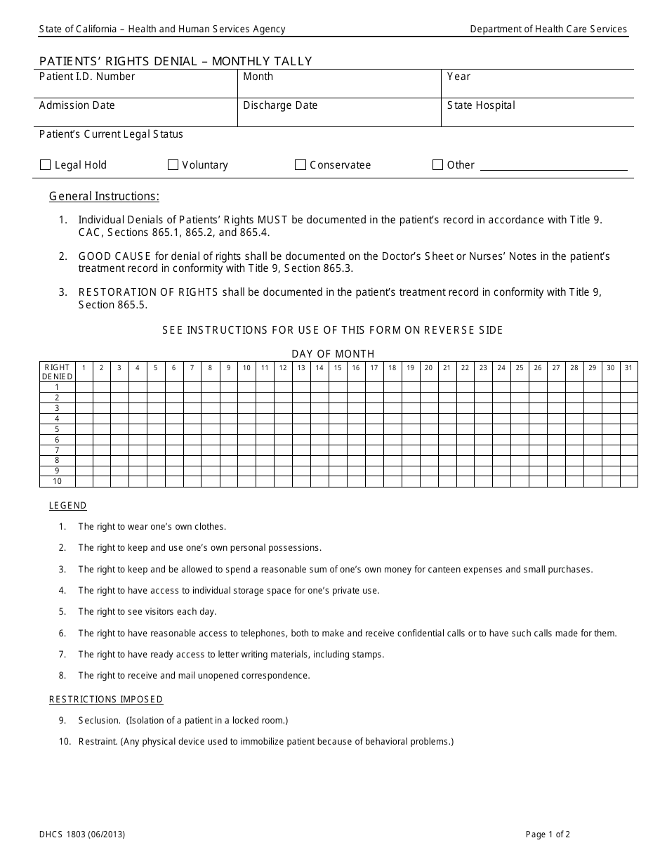 Form DHCS1803 - Fill Out, Sign Online and Download Printable PDF ...