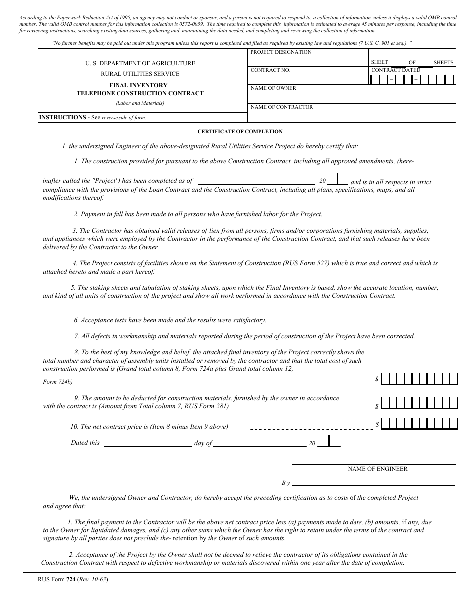 RUS Form 724 - Fill Out, Sign Online and Download Printable PDF ...