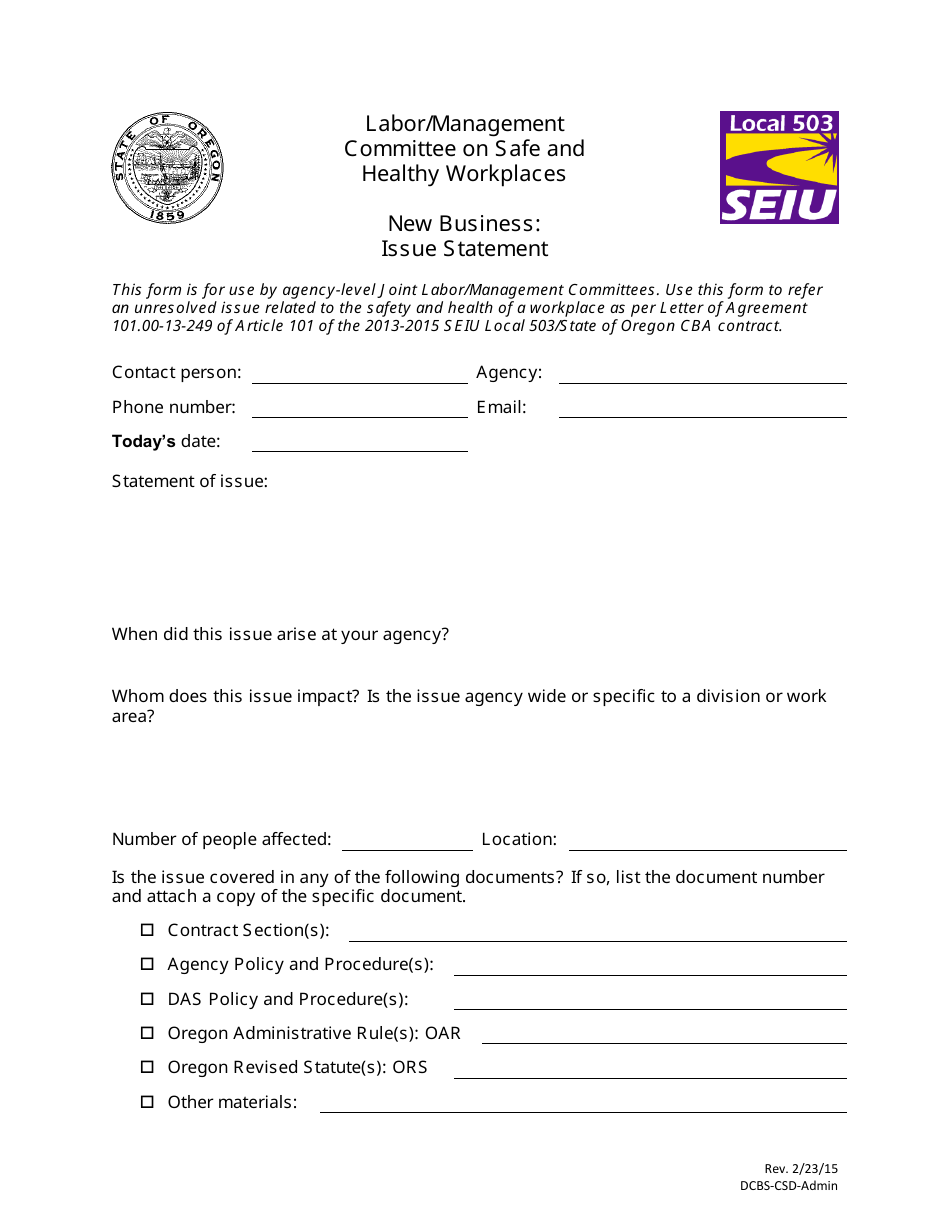Oregon Issue Statement Form - New Business - Fill Out, Sign Online and ...