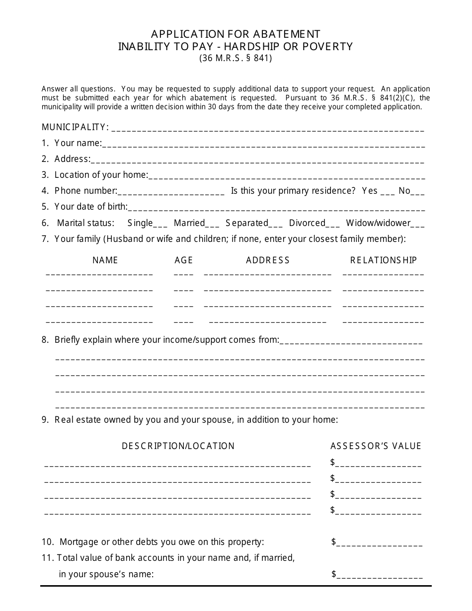 Maine Application for Abatement Inability to Pay - Hardship or Poverty ...