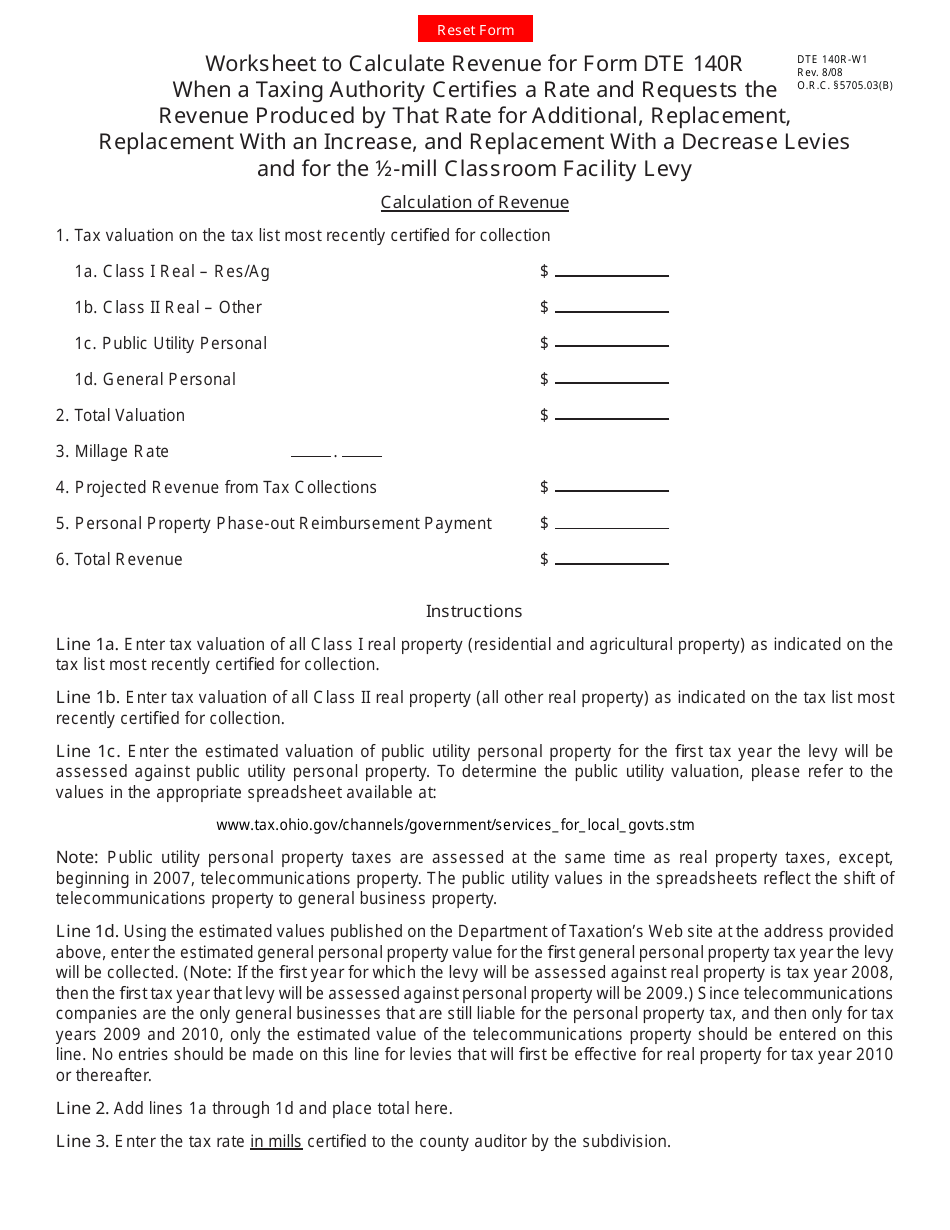 Form DTE140R-W1 - Fill Out, Sign Online and Download Fillable PDF, Ohio ...