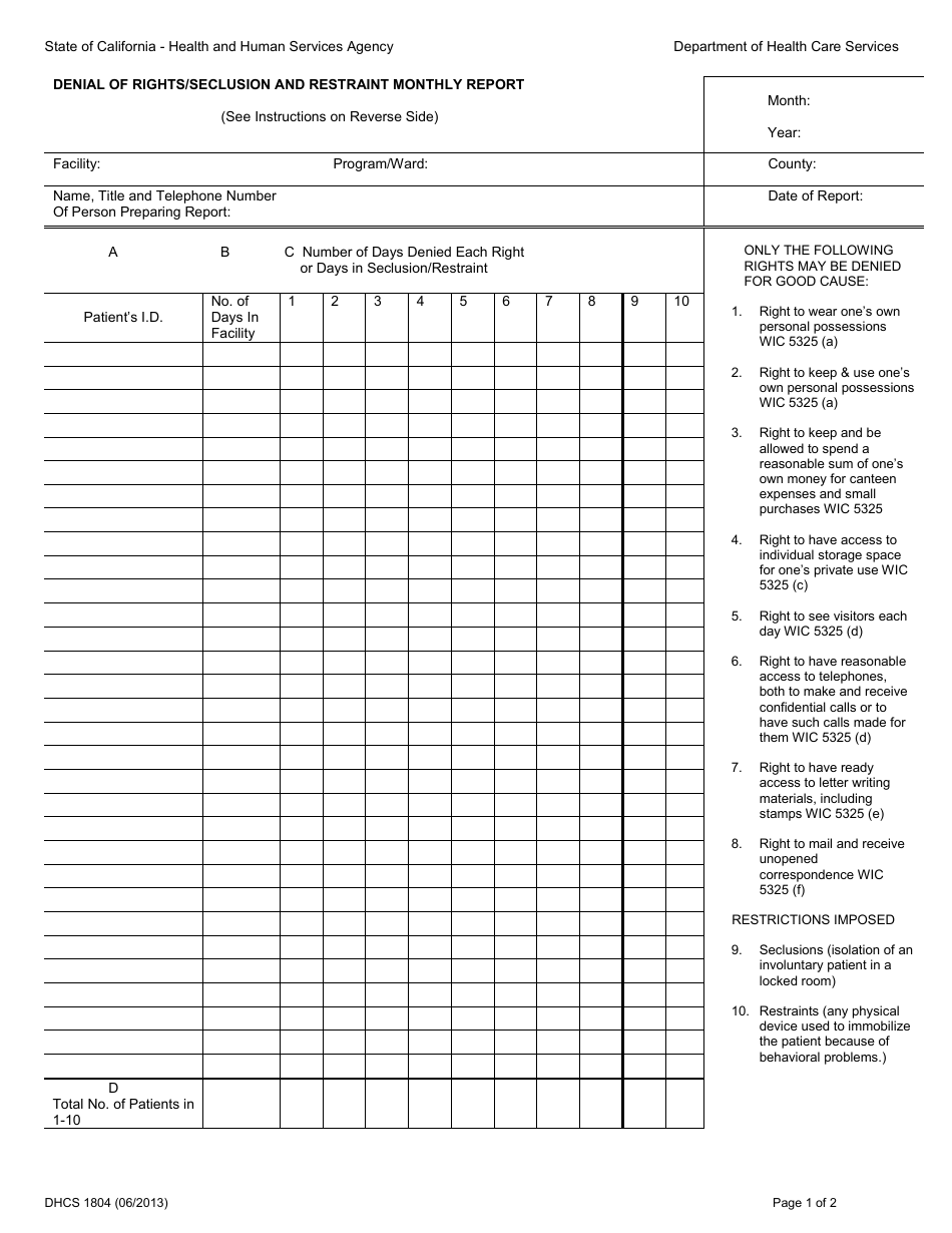 Form DHCS1804 - Fill Out, Sign Online and Download Printable PDF ...