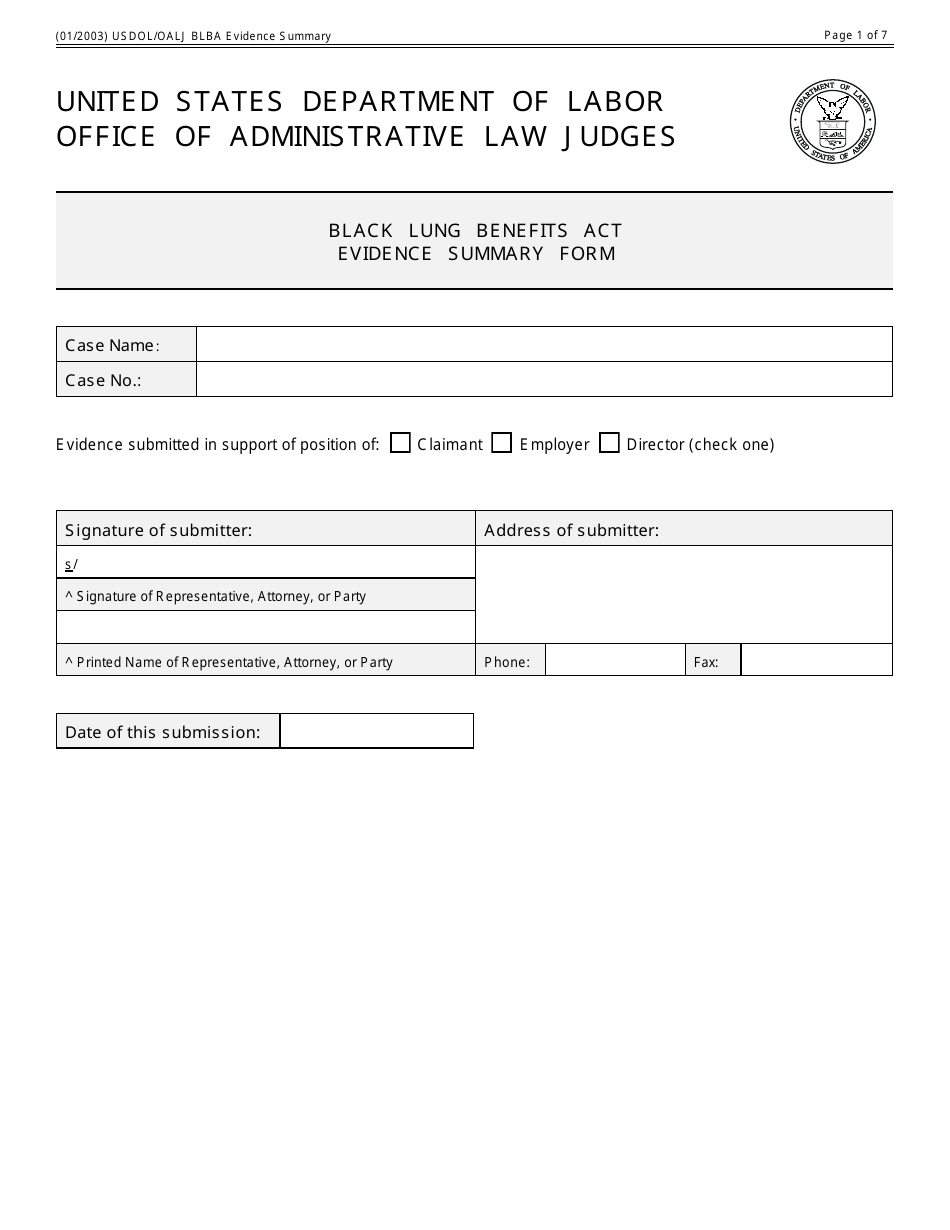 Black Lung Benefits Act Evidence Summary Form - Fill Out, Sign Online ...