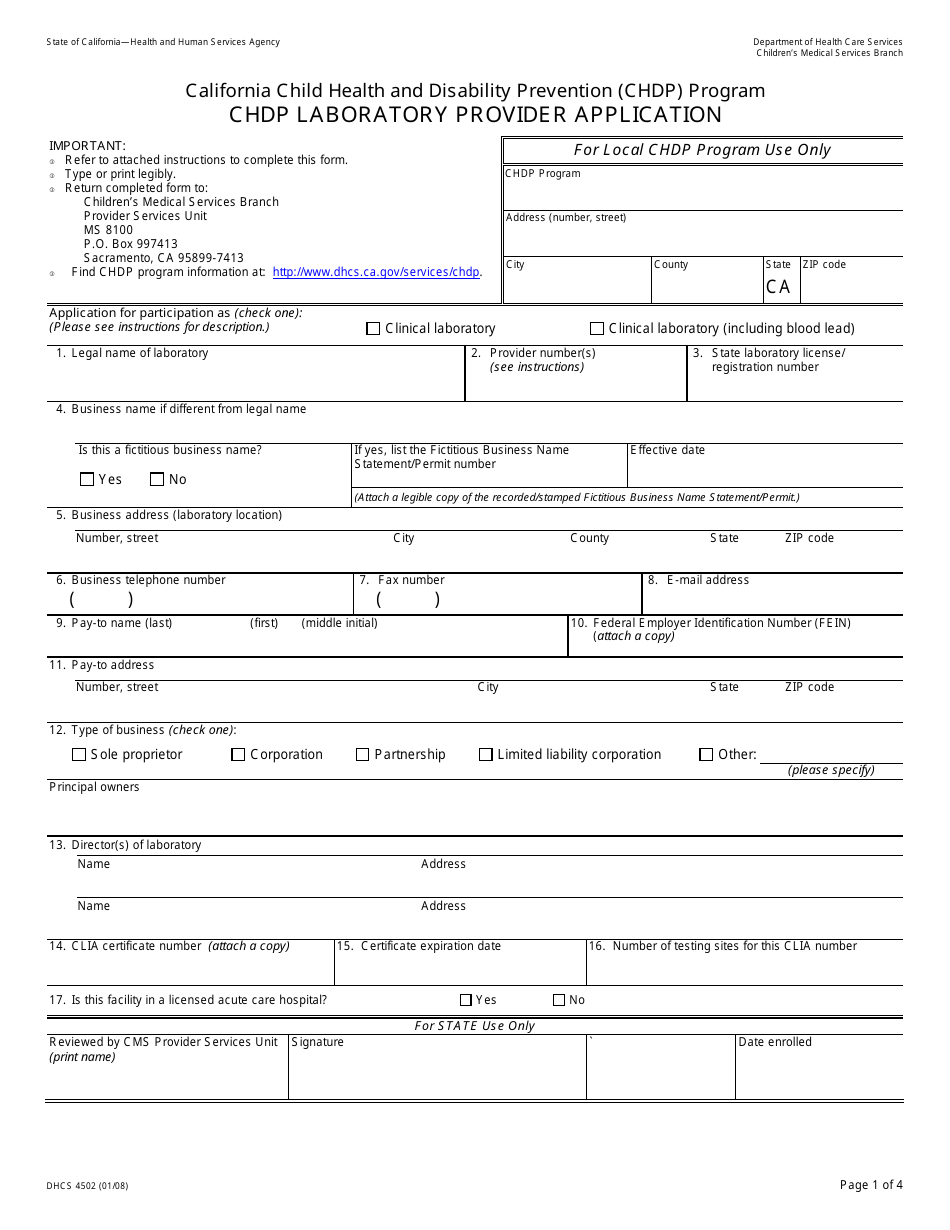 Form DHCS4502 - Fill Out, Sign Online and Download Fillable PDF ...