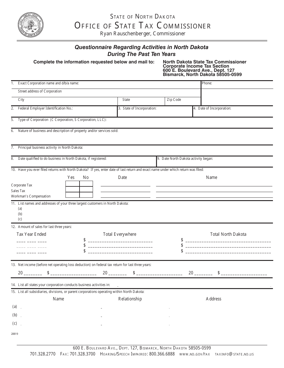 North Dakota Questionnaire Regarding Activities in North Dakota During ...