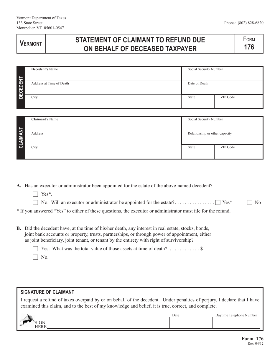 VT Form 176 - Fill Out, Sign Online and Download Printable PDF, Vermont ...