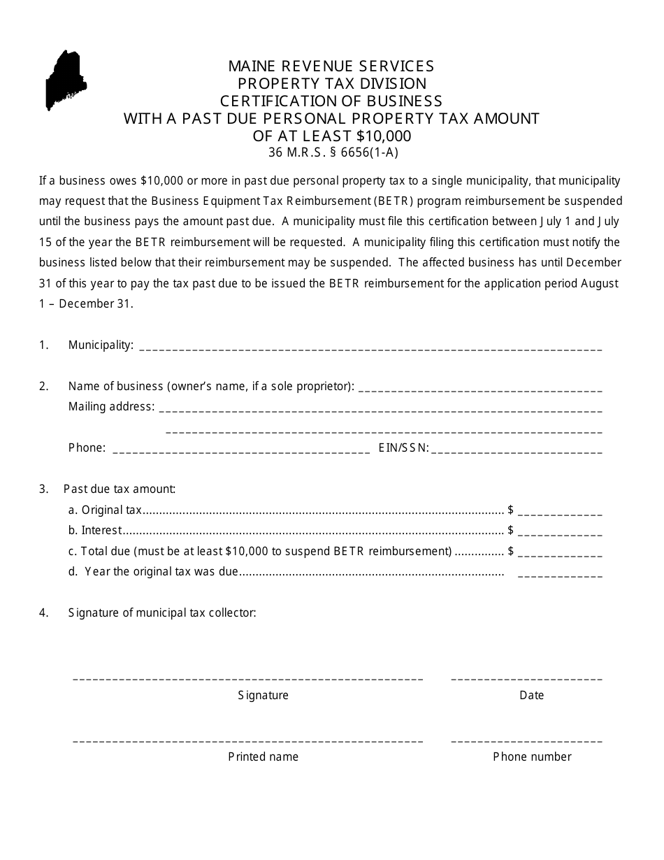 Maine Certification of Business With a Past Due Personal Property Tax ...