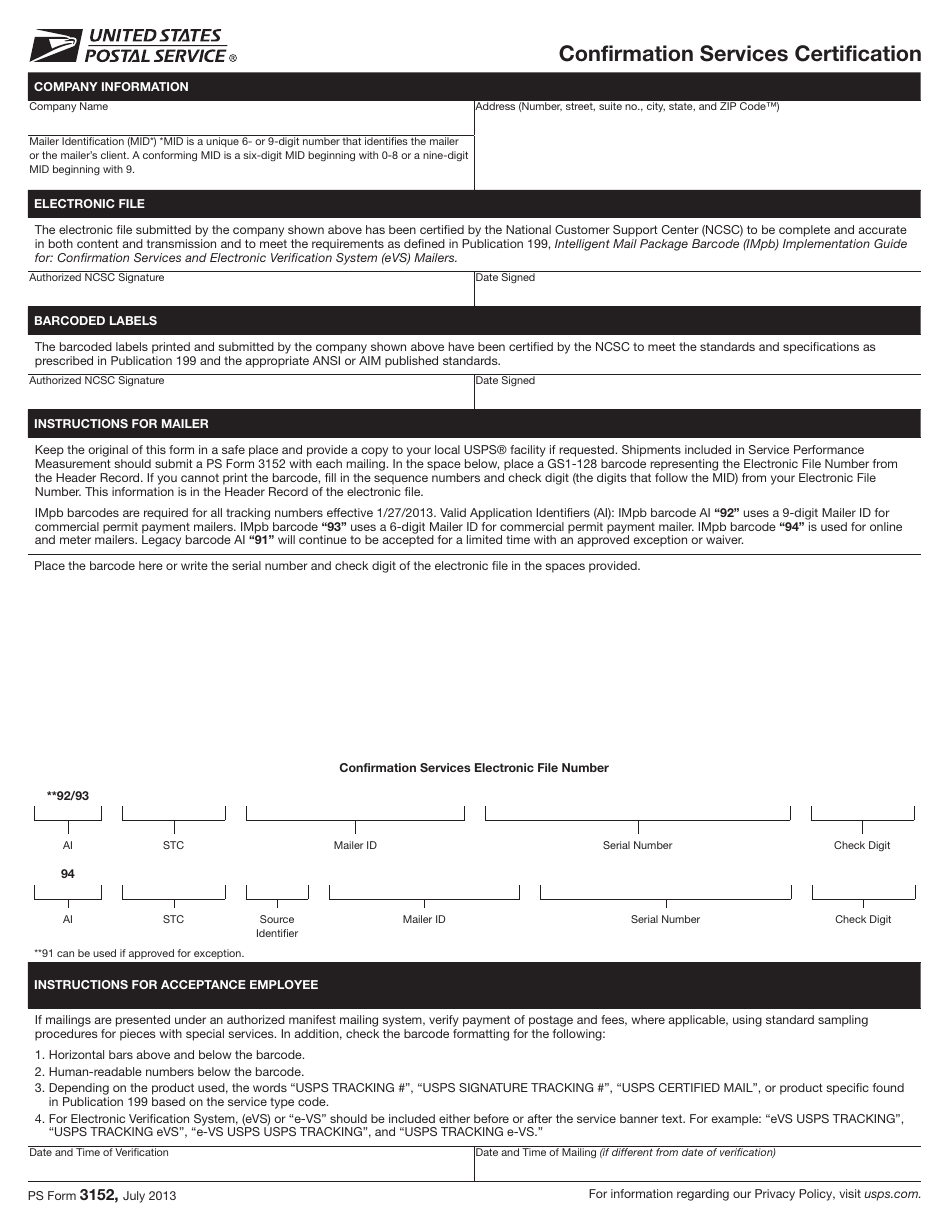 PS Form 3152 - Fill Out, Sign Online and Download Printable PDF ...