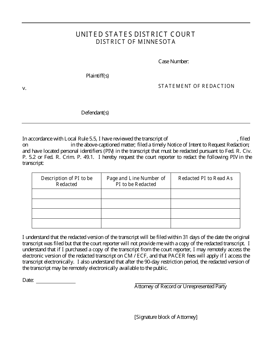 Minnesota Statement of Redaction - Fill Out, Sign Online and Download ...