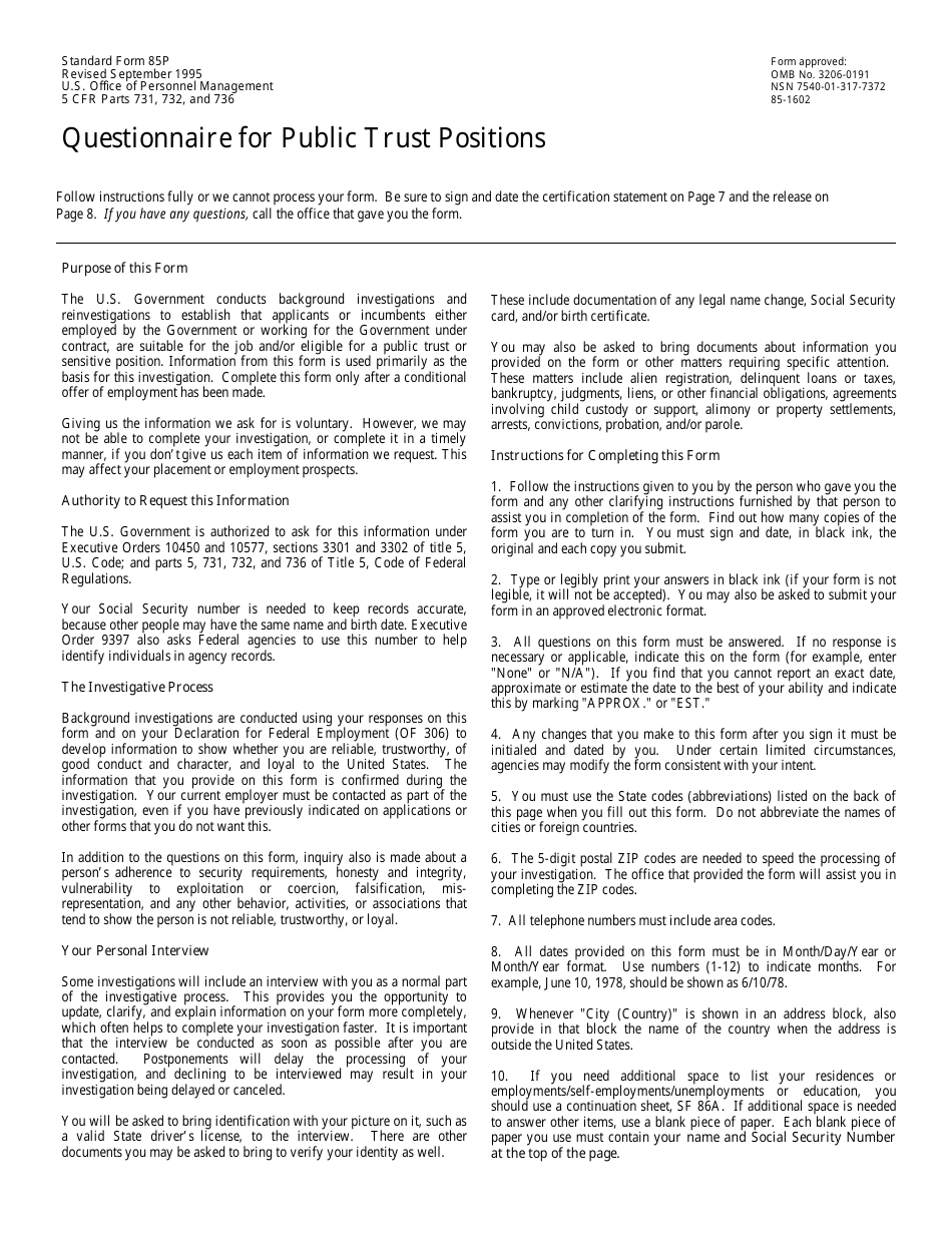 OPM Form SF-85P - Fill Out, Sign Online and Download Fillable PDF ...