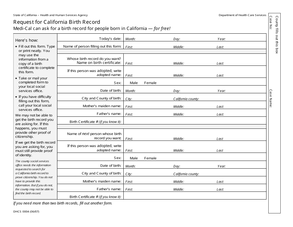 Form DHCS0004 - Fill Out, Sign Online and Download Fillable PDF ...