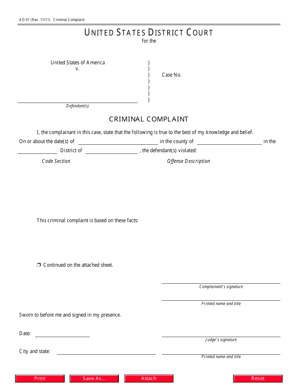 Form AO91 - Fill Out, Sign Online and Download Fillable PDF ...