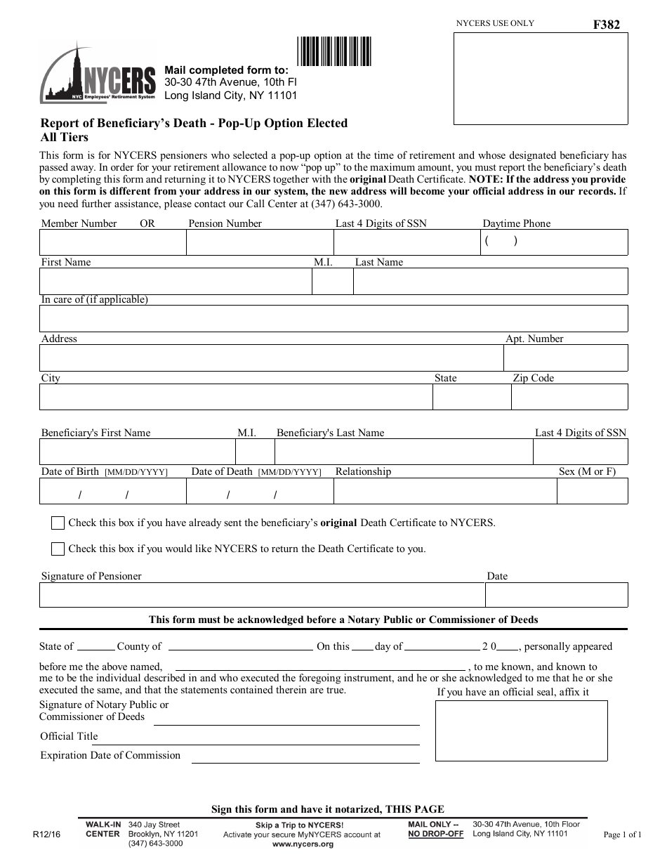 New York City Report of Beneficiary's Death - Pop-Up Option Elected All ...