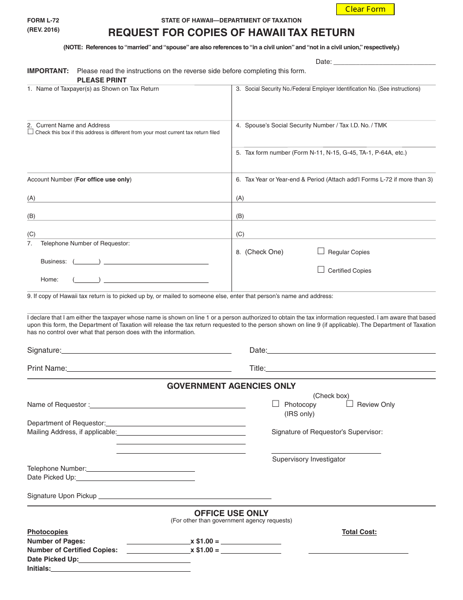 Form L-72 - Fill Out, Sign Online and Download Fillable PDF, Hawaii ...