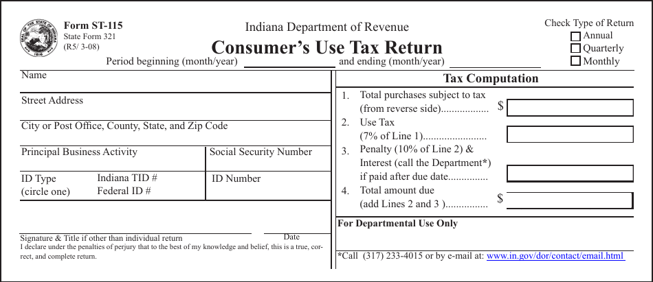 Form ST-115 - Fill Out, Sign Online and Download Fillable PDF, Indiana ...
