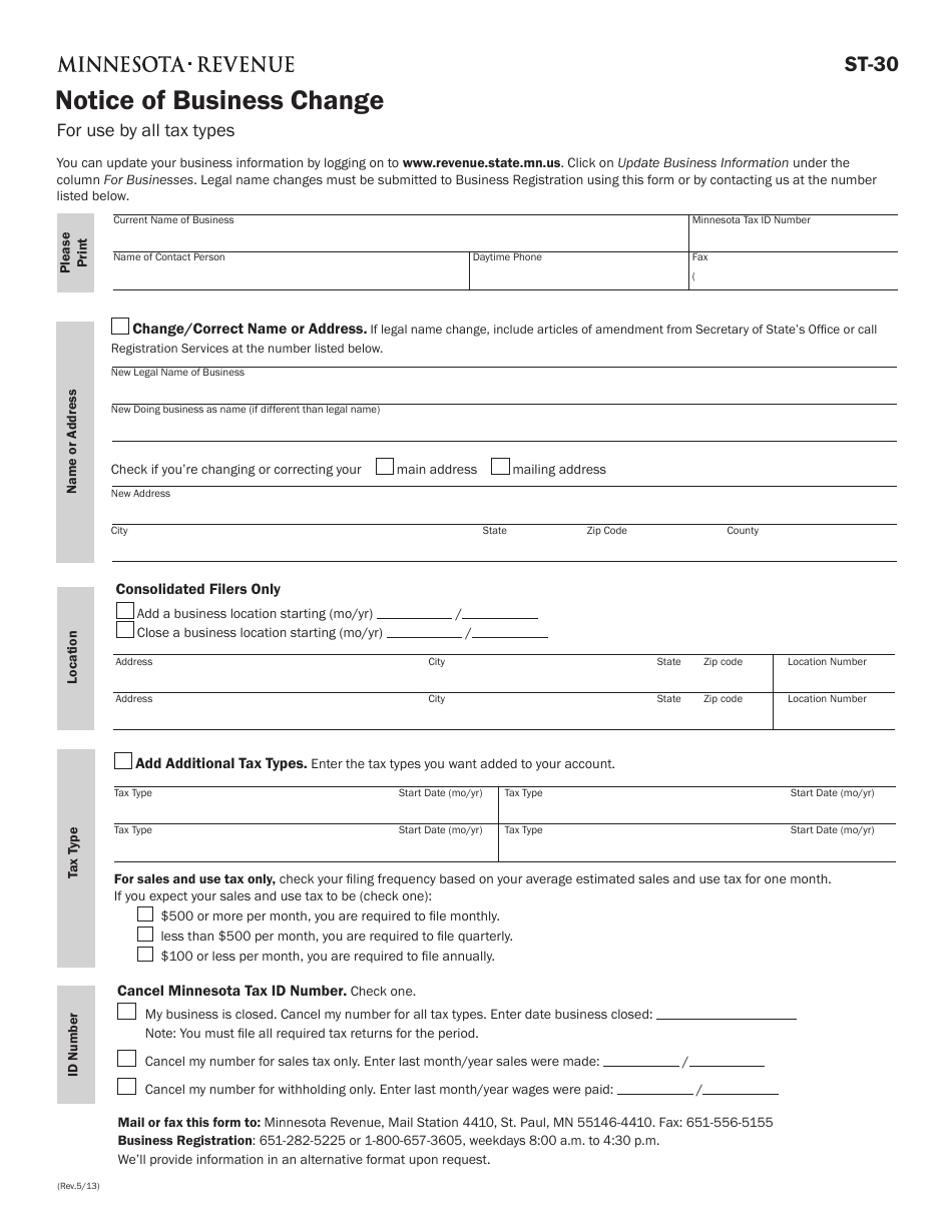 Form ST-30 - Fill Out, Sign Online and Download Fillable PDF, Minnesota ...