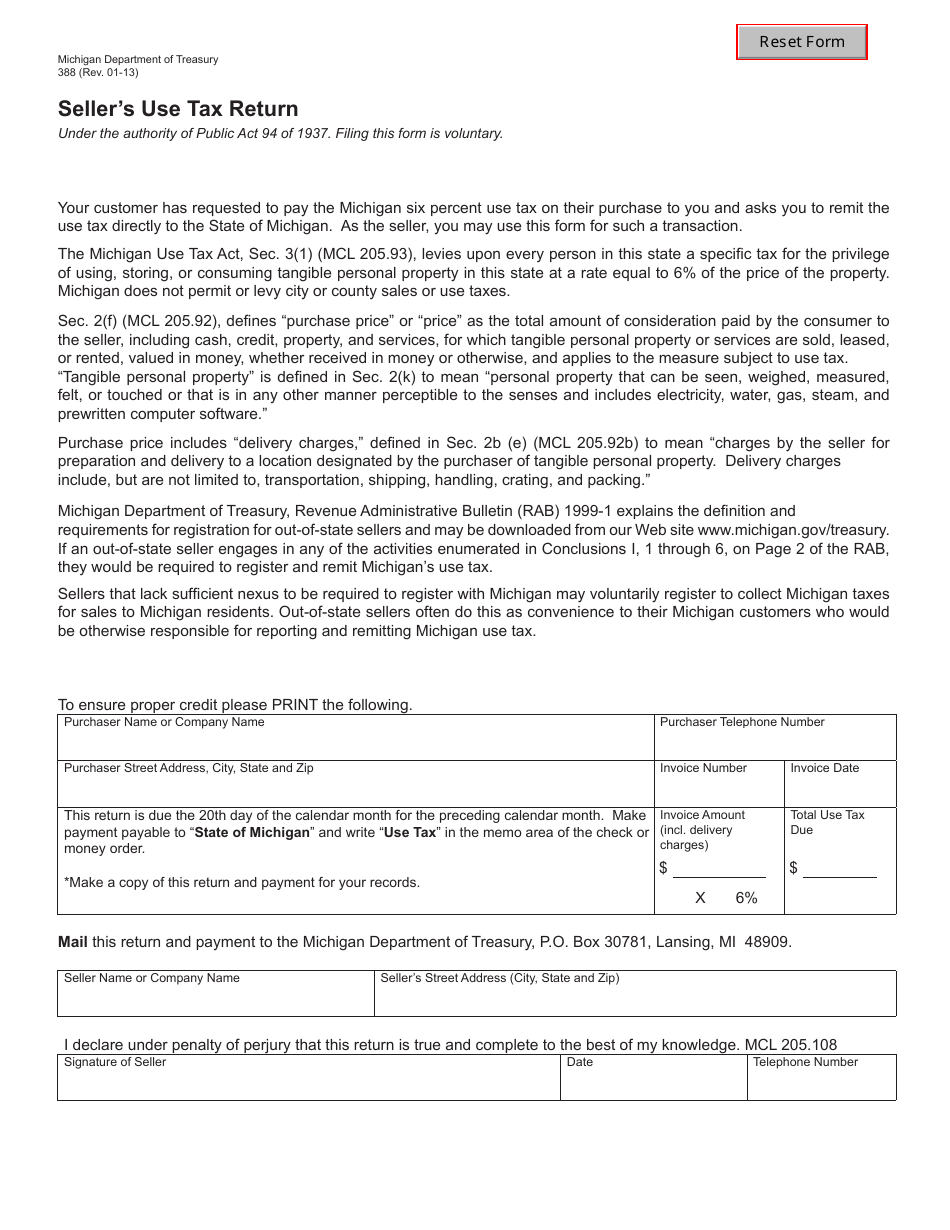 Form 388 - Fill Out, Sign Online and Download Fillable PDF, Michigan ...