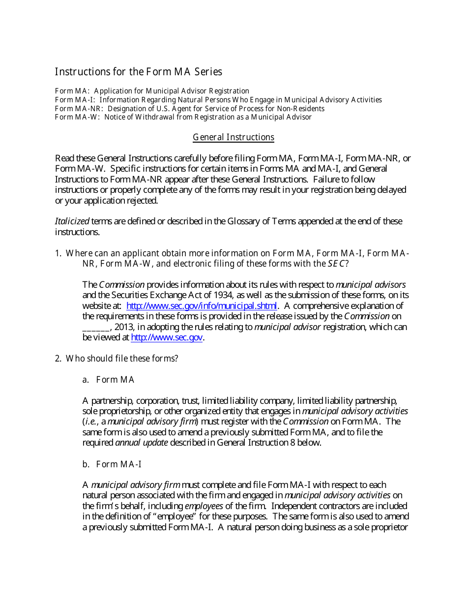 Download Instructions for SEC Form MA, MA-I, MA-NR, MA-W PDF ...
