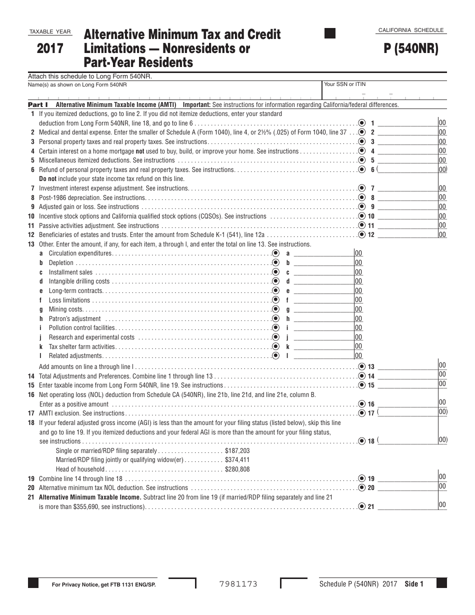 Form 540NR Schedule P 2017 Fill Out Sign Online And Download