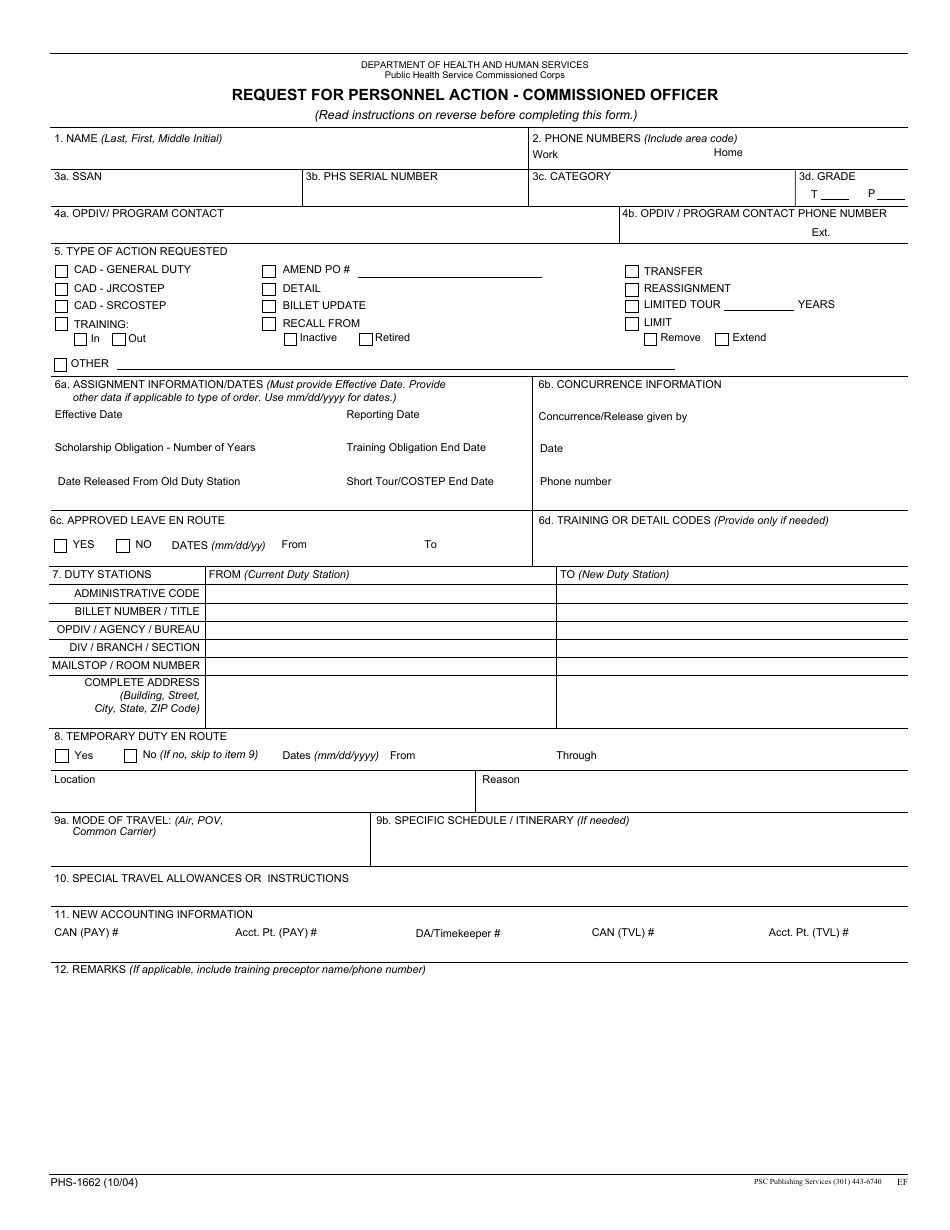 Form PHS-1662 - Fill Out, Sign Online and Download Fillable PDF ...