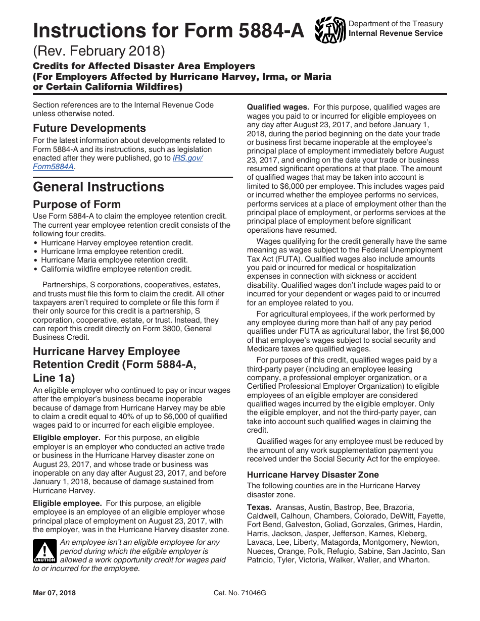 Download Instructions for IRS Form 5884-A Credits for Affected Disaster ...