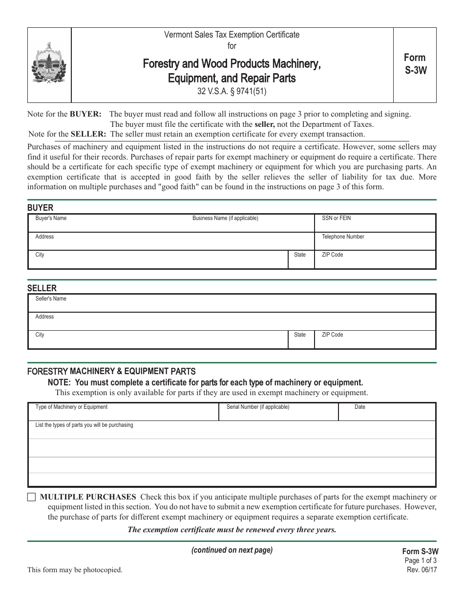 VT Form S-3W - Fill Out, Sign Online and Download Printable PDF ...