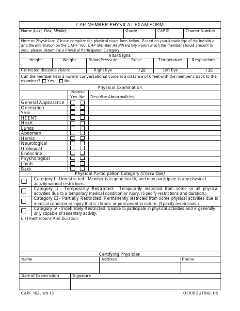 CAP Form 162 Download Fillable PDF, Cap Member Physical Exam Form ...