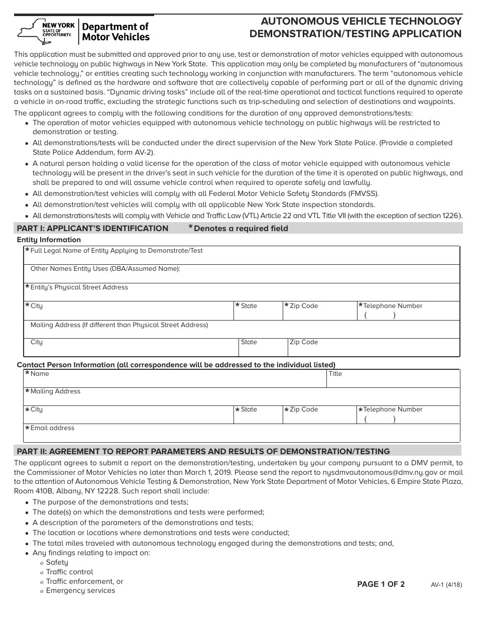 Form AV-1 - Fill Out, Sign Online and Download Fillable PDF, New York | Templateroller