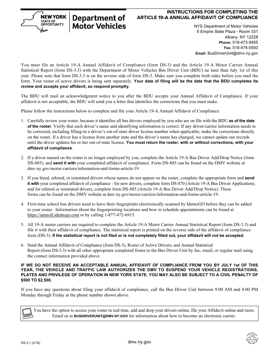 Download Instructions for Form DS-3.1, DS-3 Article 19-a Annual ...
