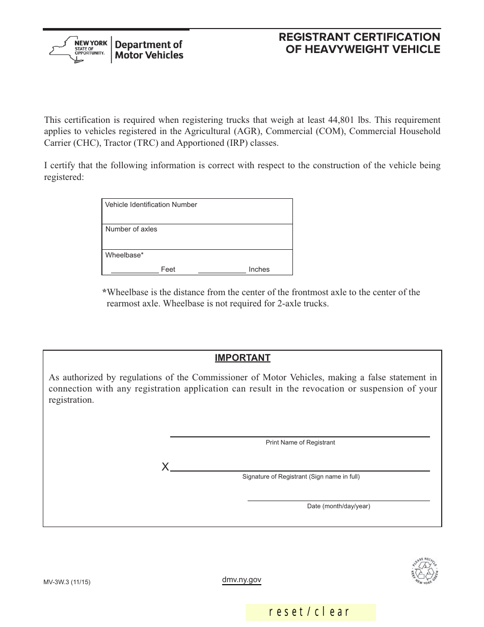 Form MV-3W.3 - Fill Out, Sign Online and Download Fillable PDF, New ...